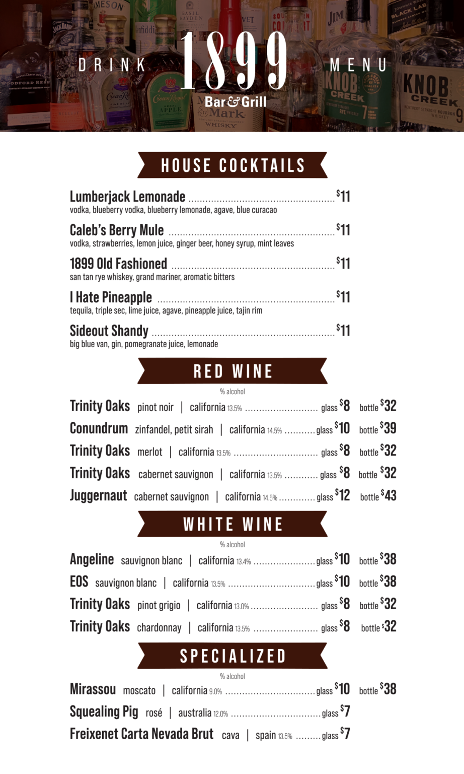 1899 Bar and Grill | Flagstaff – Drink Menu