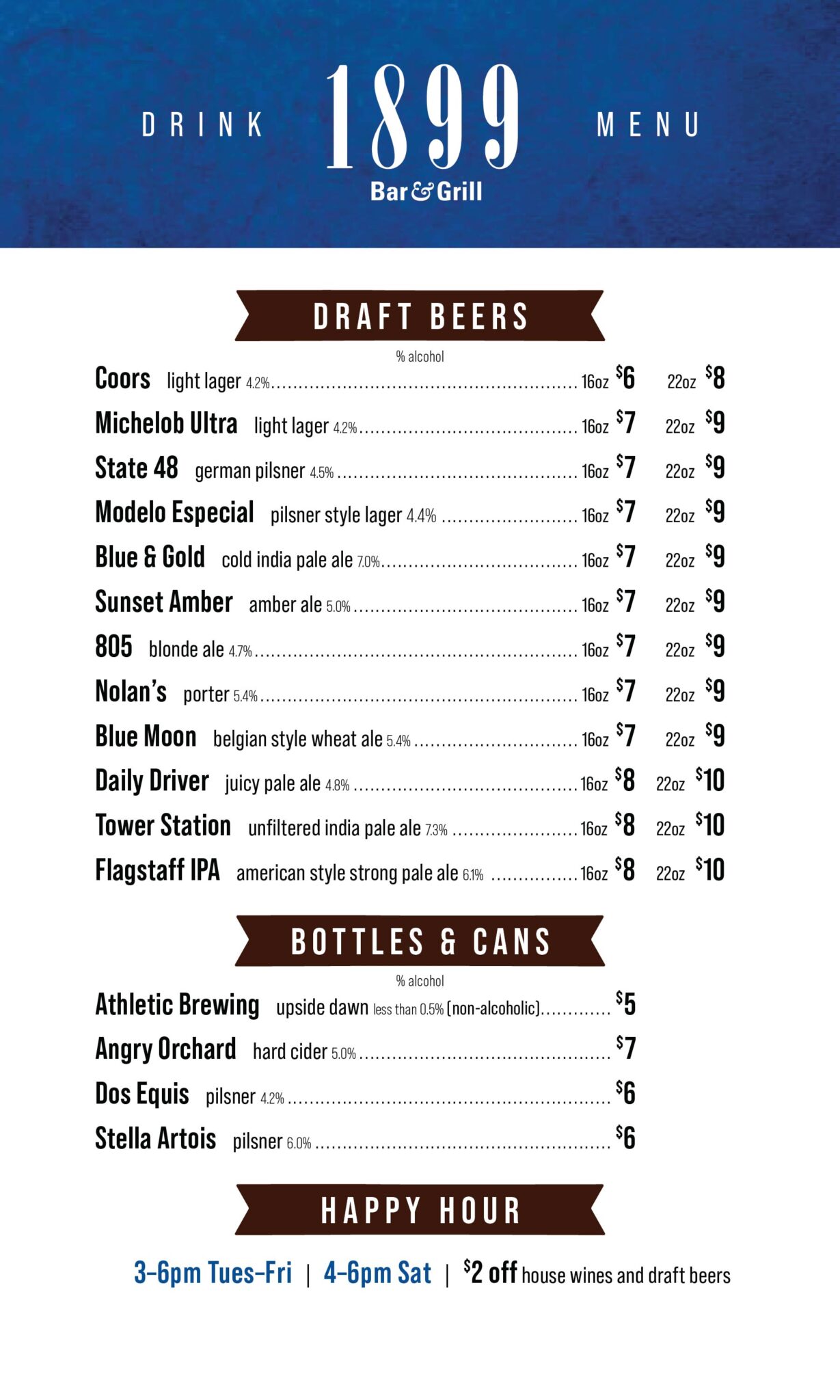 1899 Bar and Grill | Flagstaff – Drink Menu