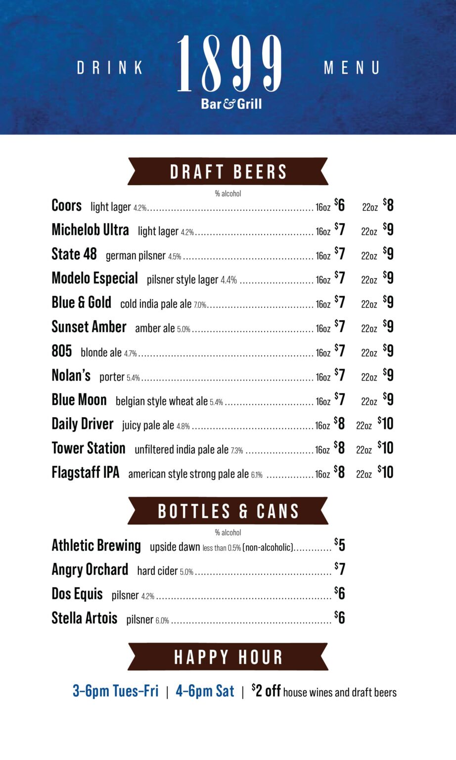 1899 Bar and Grill | Flagstaff – Drink Menu